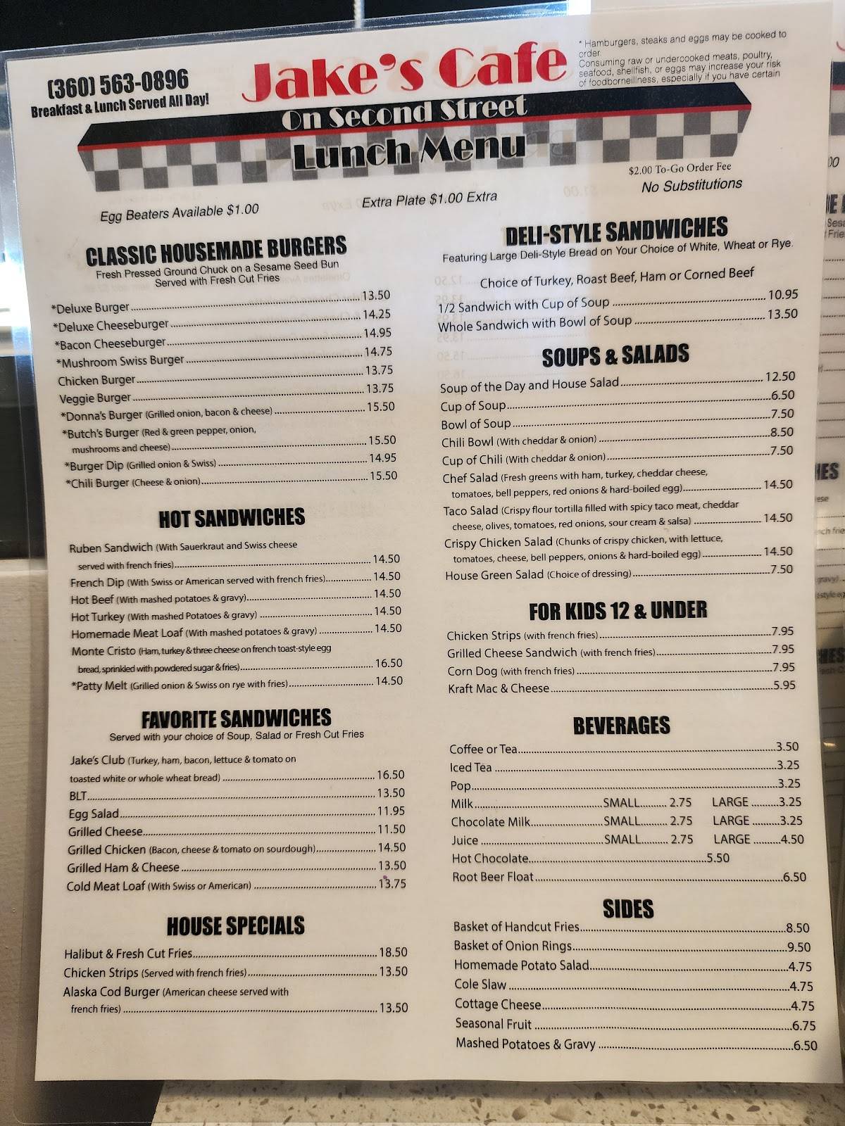 Menu at Jake's Cafe on 2nd Street, Snohomish