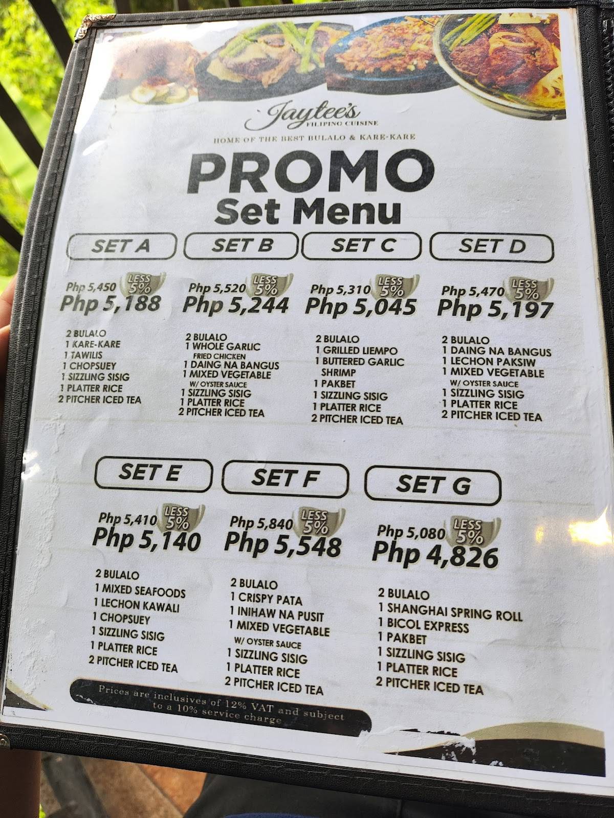Menu at Jaytee's Classic Filipino Cuisine restaurant, Tagaytay, 4W2X+H5H