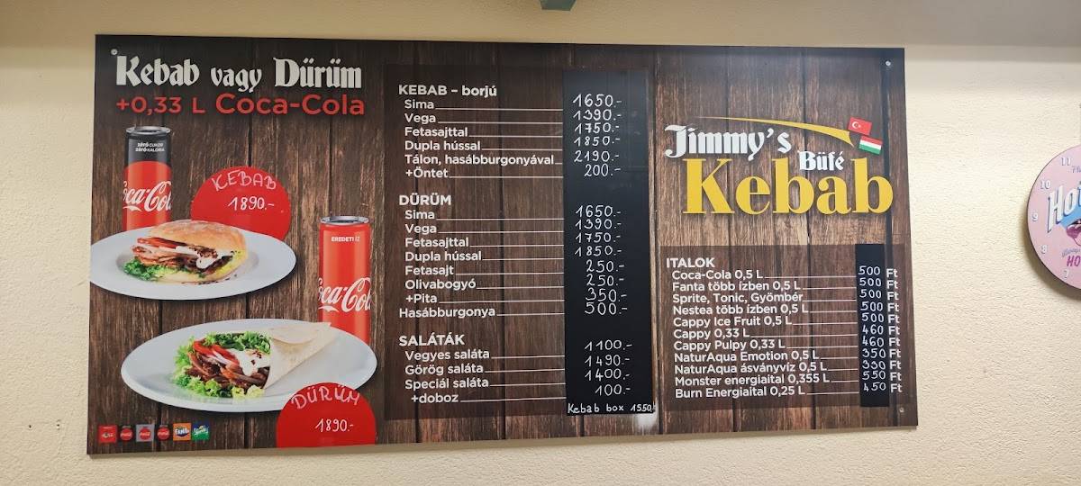 Menu at Jimmy's Kebab restaurant, Veszprém, Budapest út 2