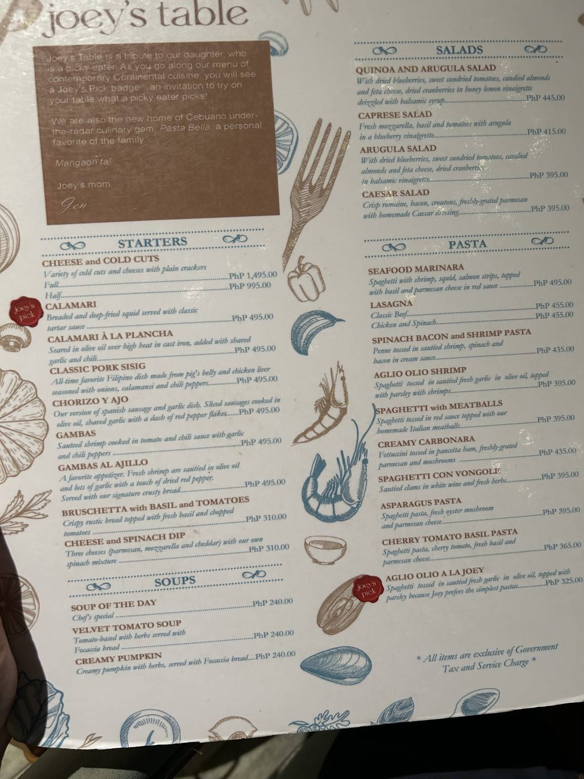 Menu at Joey's Table restaurant, Lapu-Lapu City