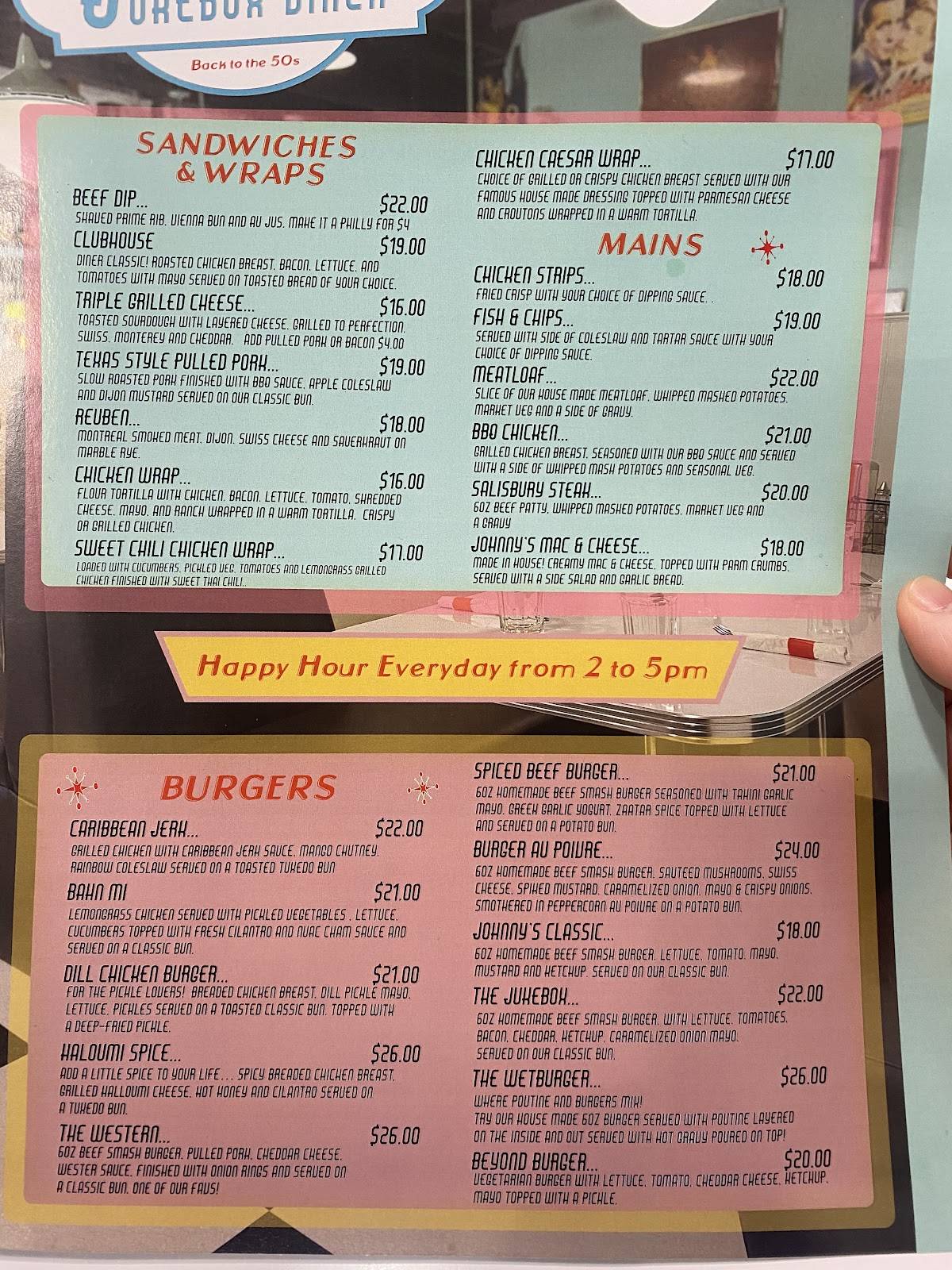 Menu at Johnny's Jukebox Diner restaurant, Chilliwack