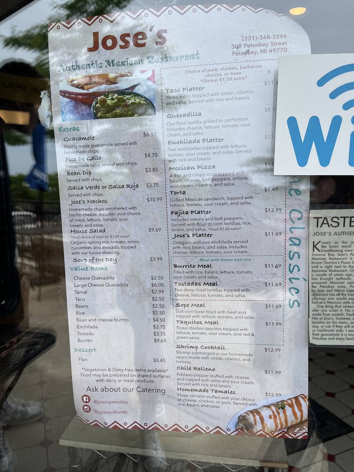 Menu at Jose's Authentic Mexican restaurant, Petoskey
