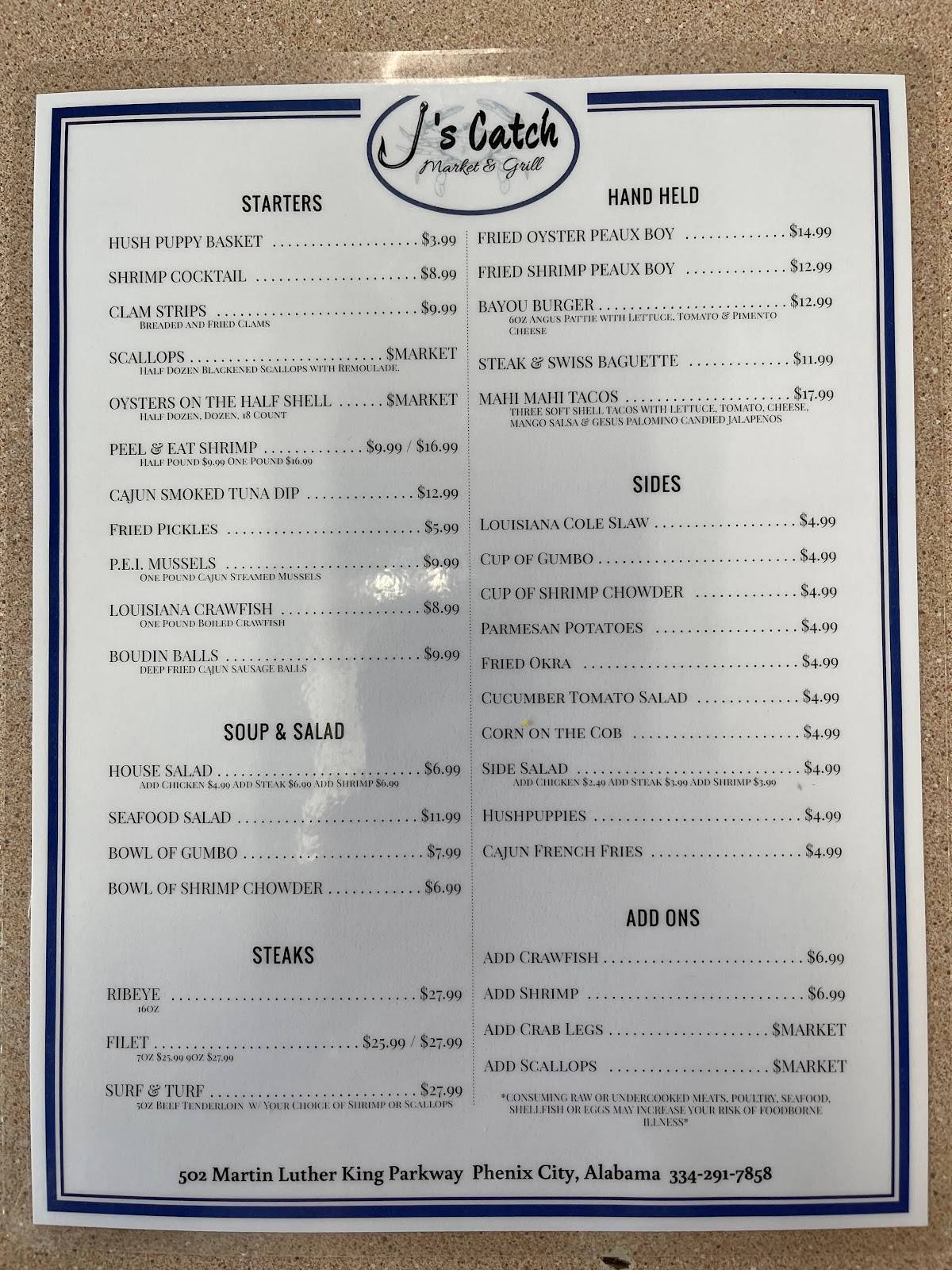 Menu at Js Catch Market & Grill restaurant, Phenix City