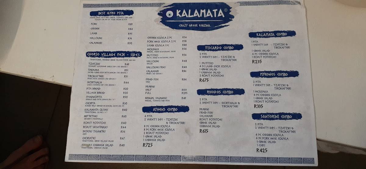 Menu at Kalamata Kouzina restaurant, Durban