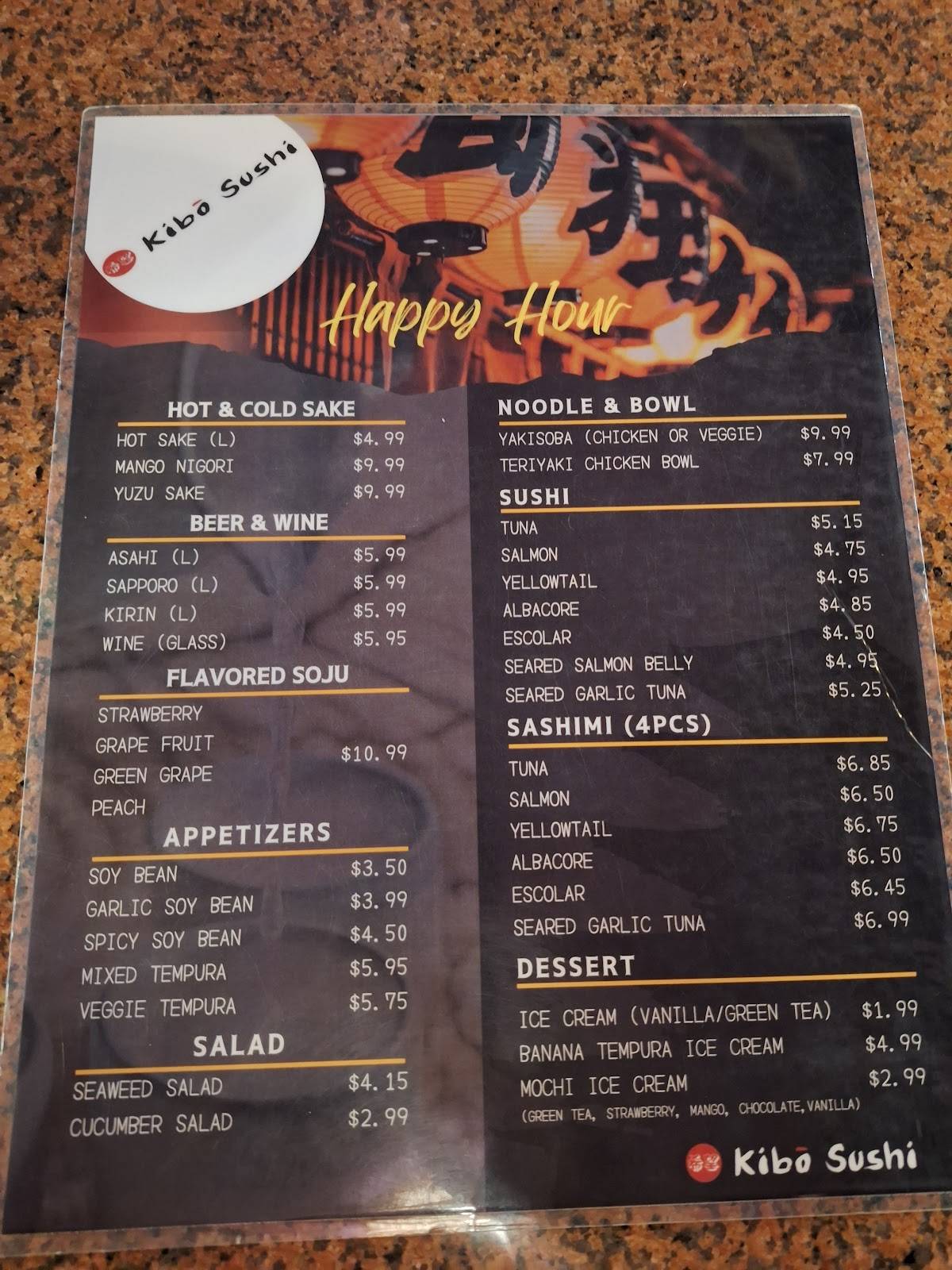 Menu at Kibo Sushi restaurant, Ventura