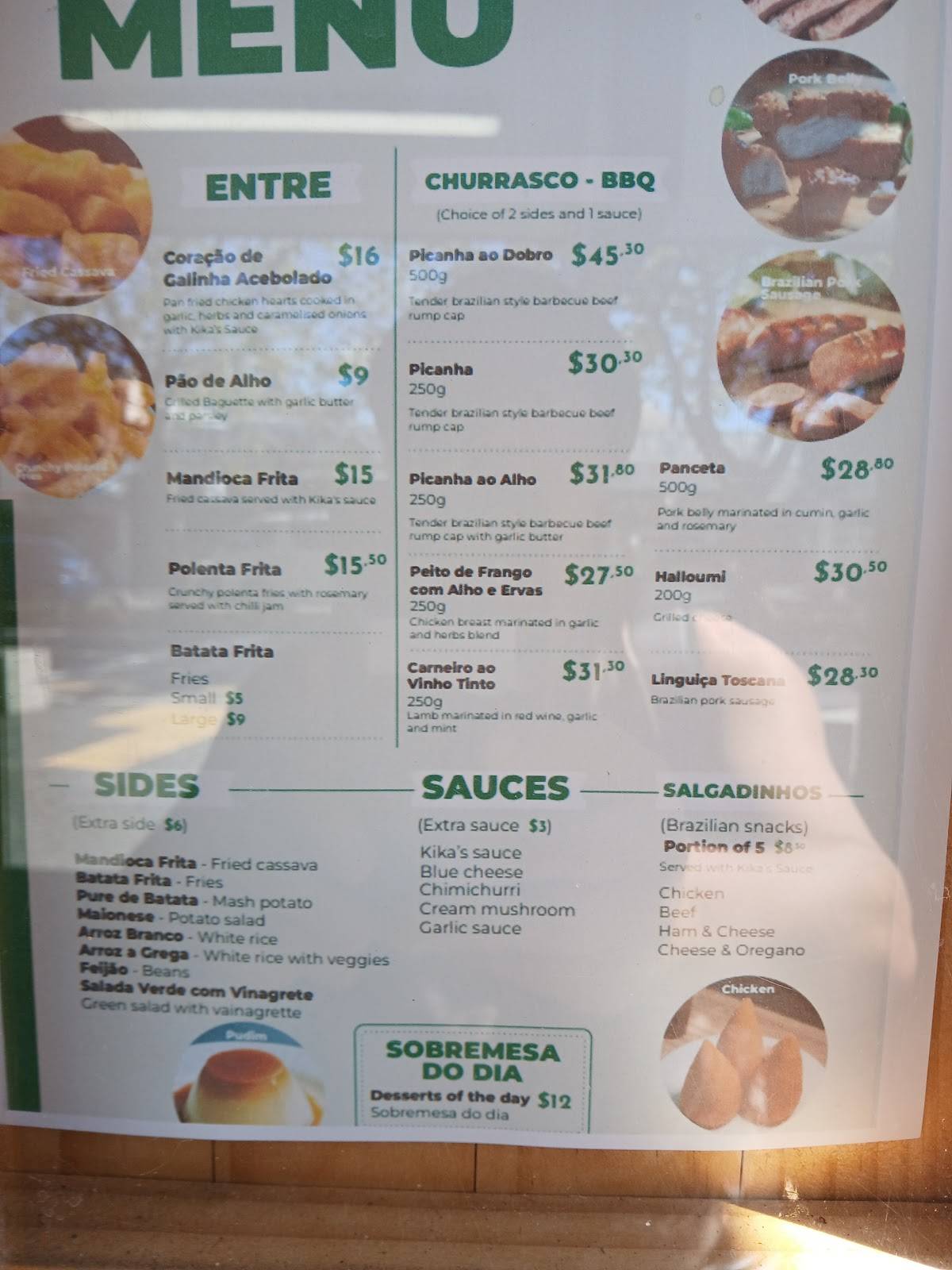 Menu at Kika's West restaurant, Auckland