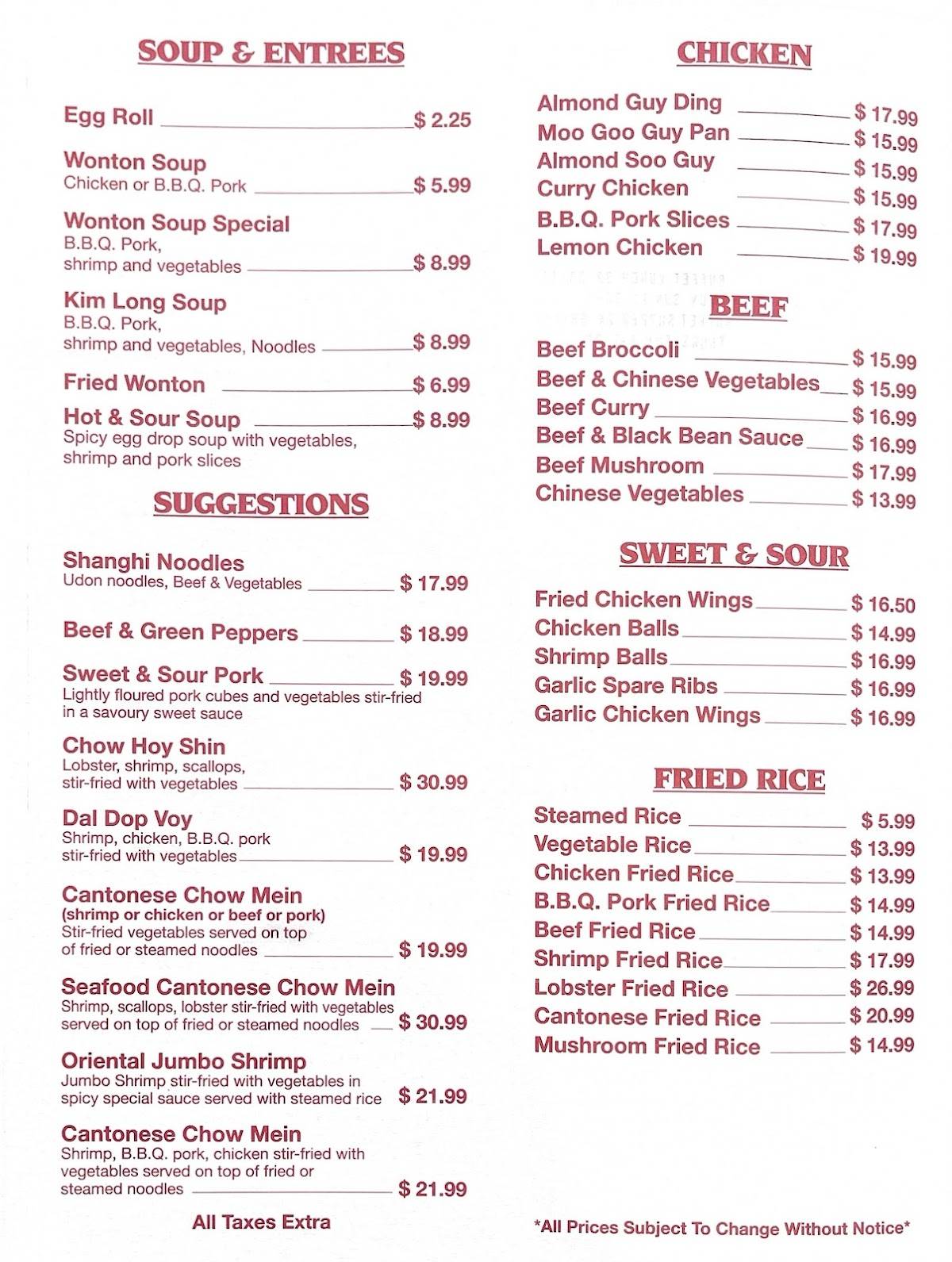 Menu at Kim Long Restaurant, Moncton