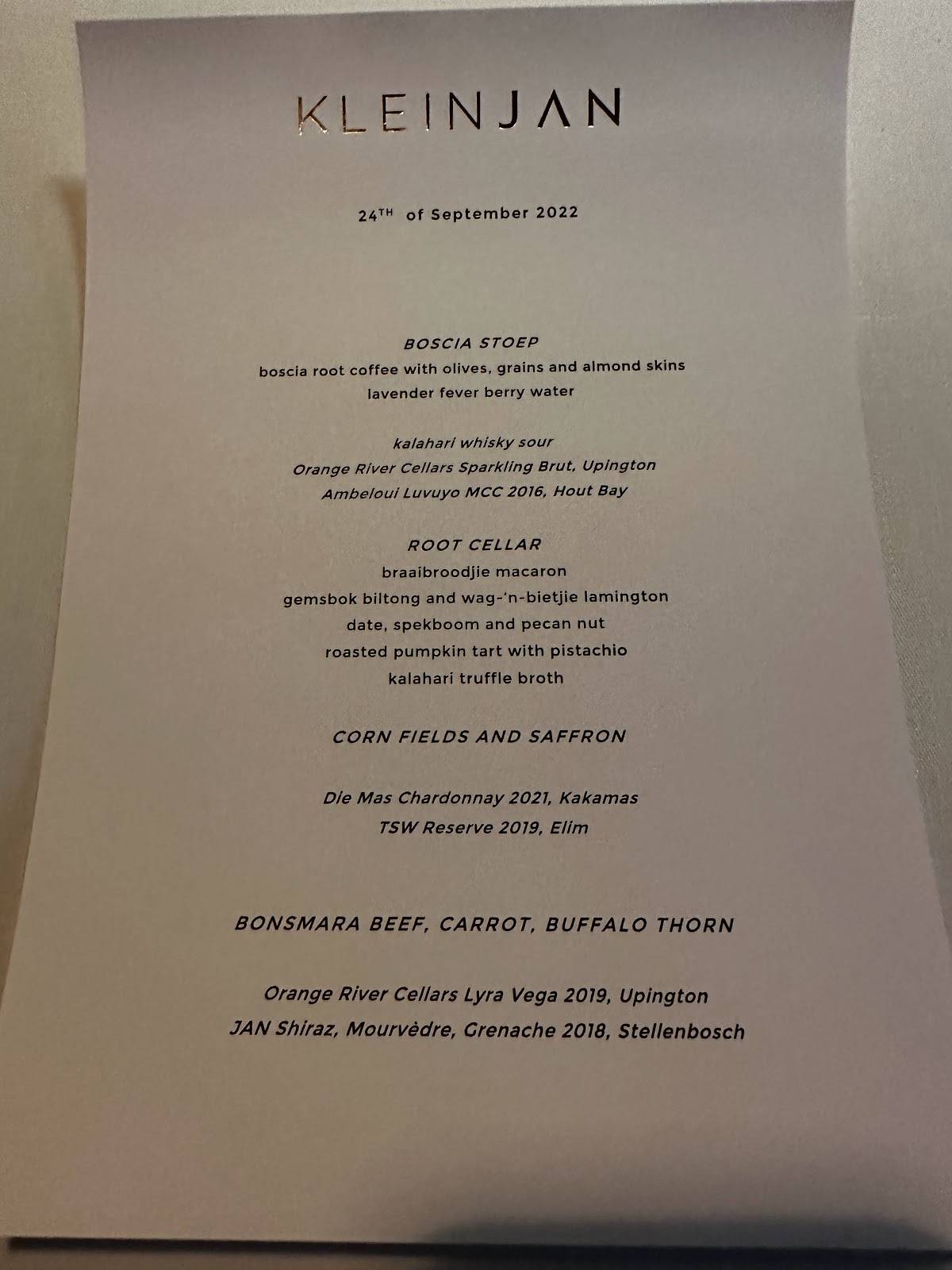 Menu at Restaurant Klein JAN, Kalahari CBDC