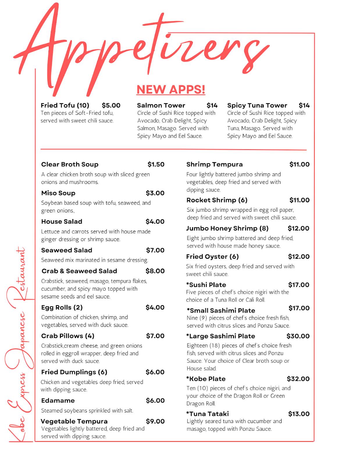 Menu at Kobe Express Japanese Restaurant, Waynesville