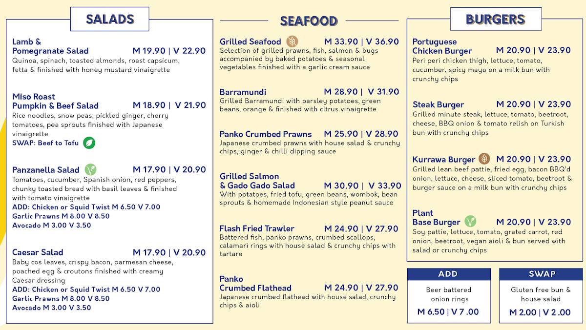 Menu at Kurrawa Surf Club, Broadbeach