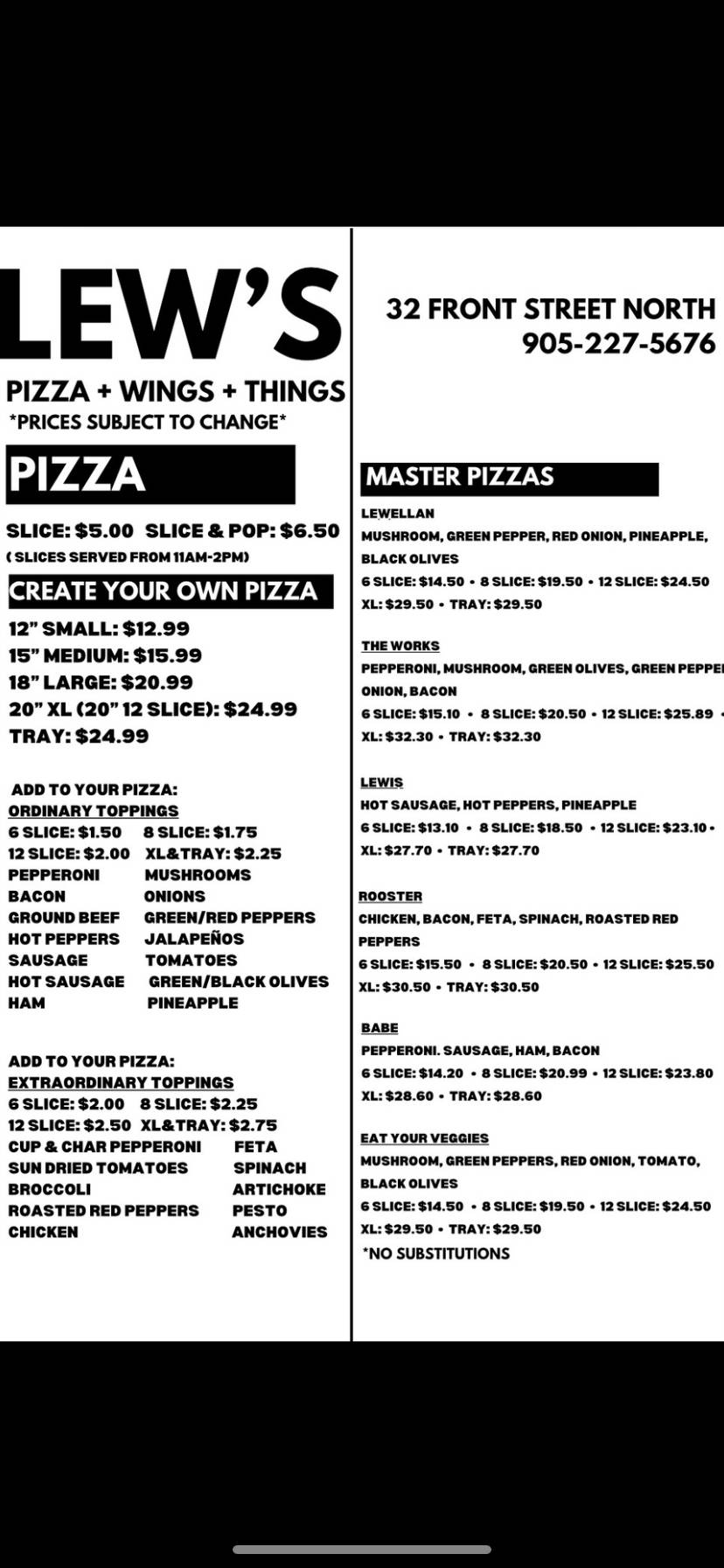Menu at LEW’S pizza+wings+things restaurant, Thorold