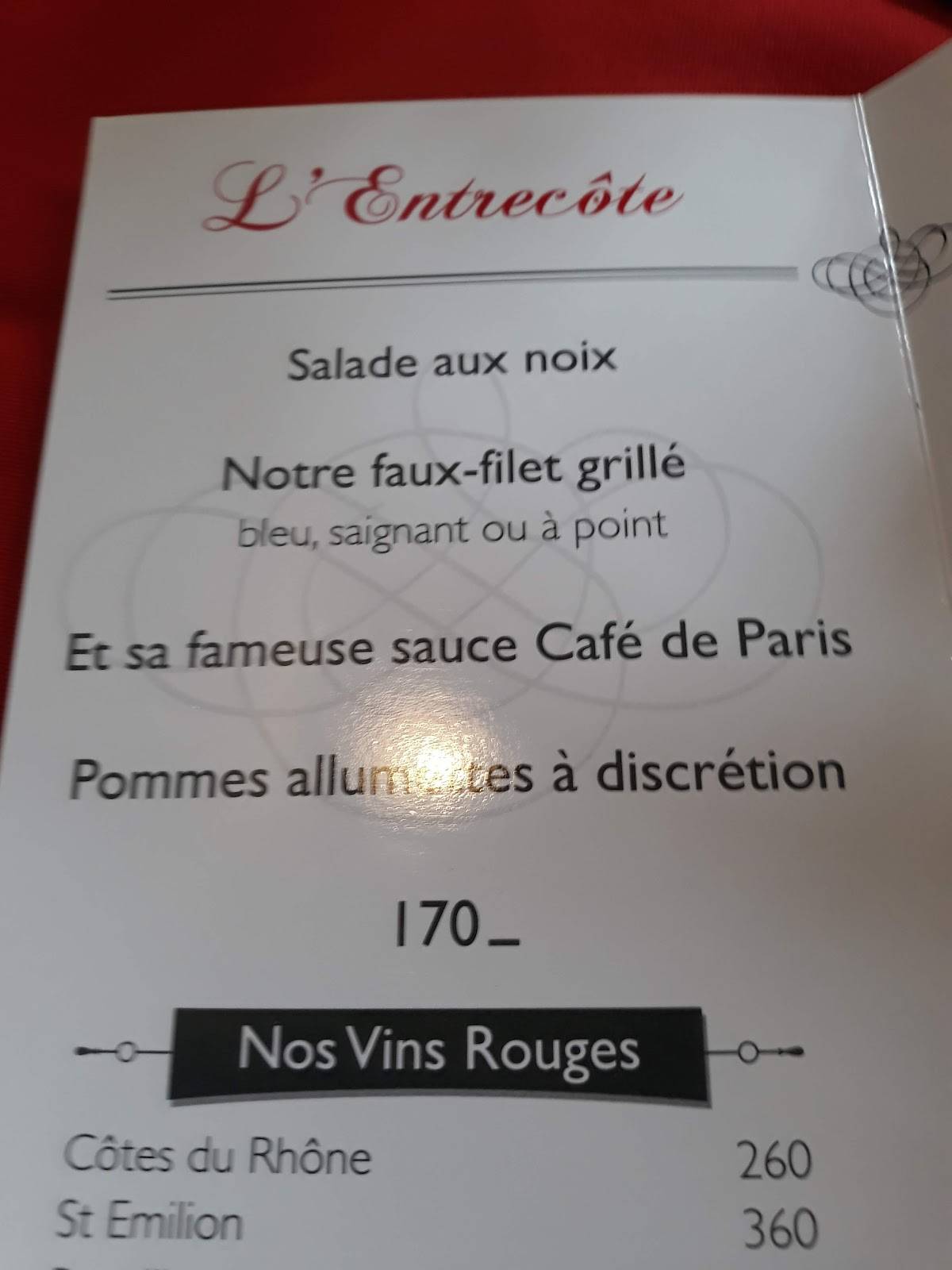 Menu at L'Entrecôte café de Paris restaurant, Casablanca