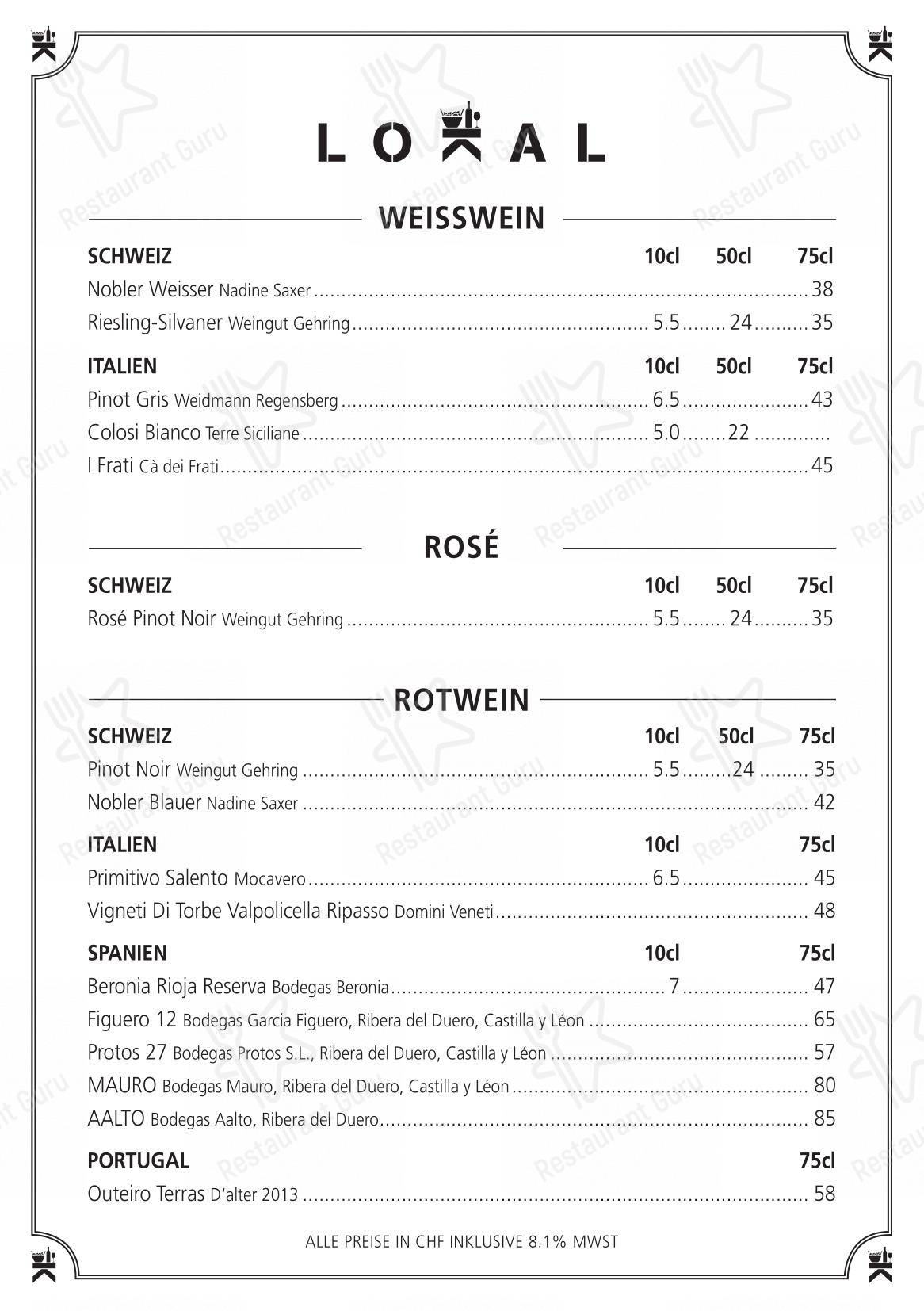 Speisekarte von Restaurant LOKAL, Embrach