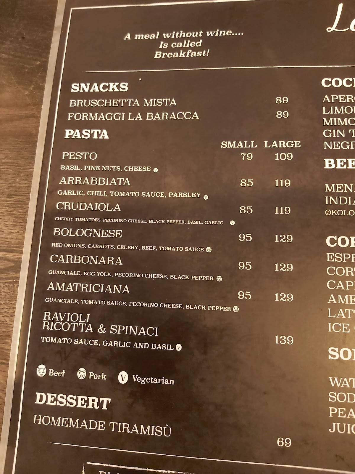 Menu at La Baracca Tivoli - Food Hall, Copenhagen, Bernstorffsgade 3