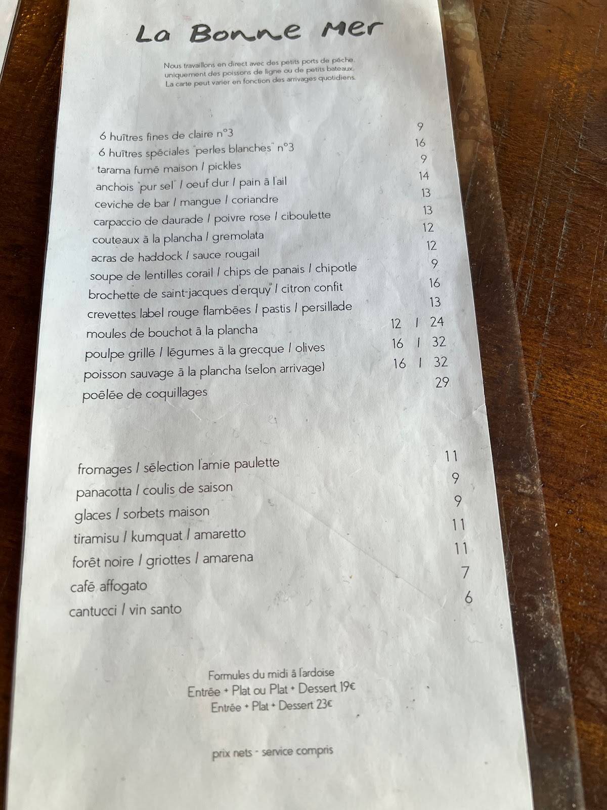Menu au La Bonne Mer restaurant, Paris
