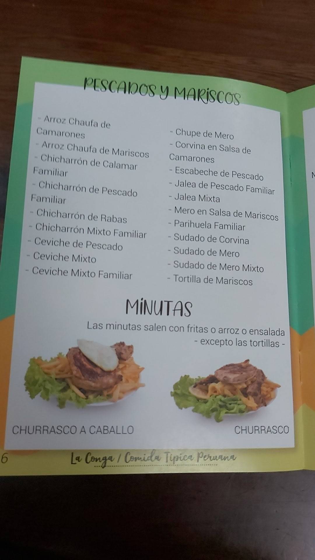 Carta del restaurante La Conga, Buenos Aires