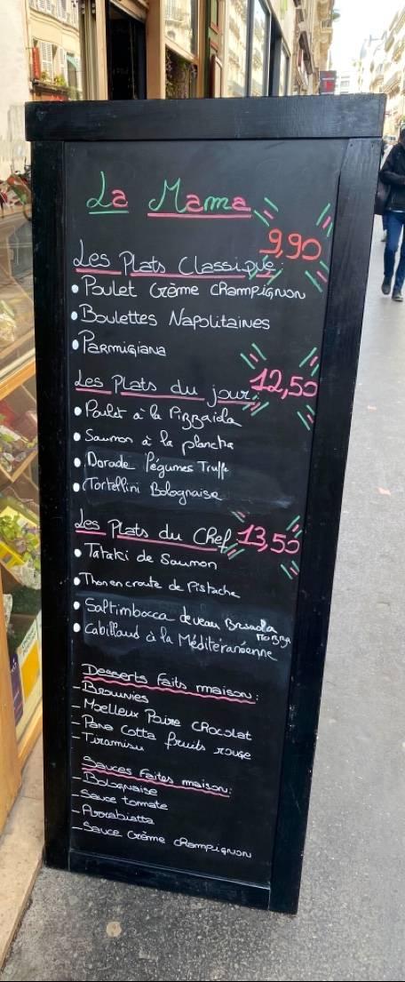Menu au La Mama restaurant, Paris