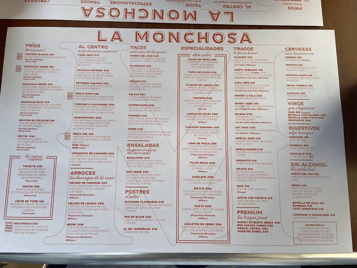 Carta del restaurante La Monchosa, Veracruz