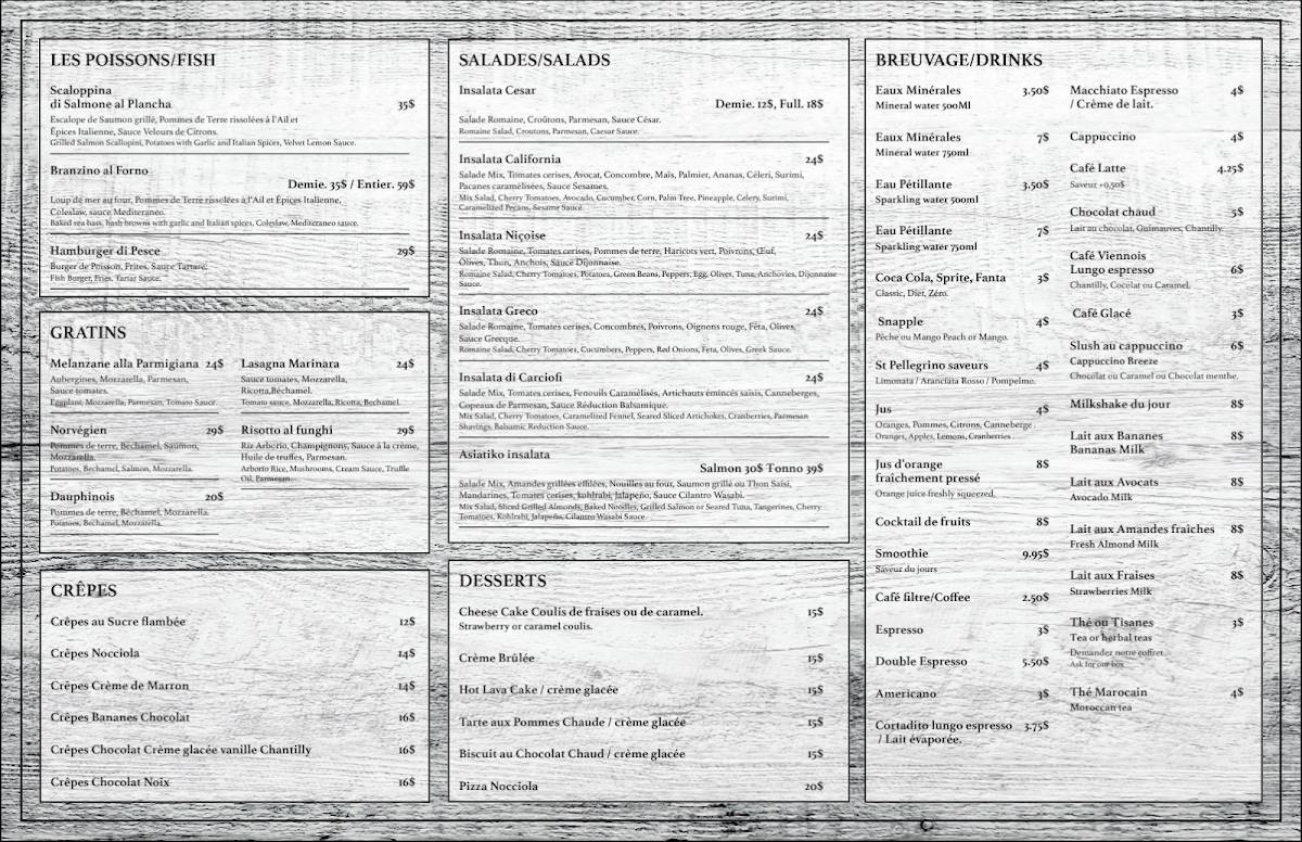 Menu at La Nottè restaurant, Montréal