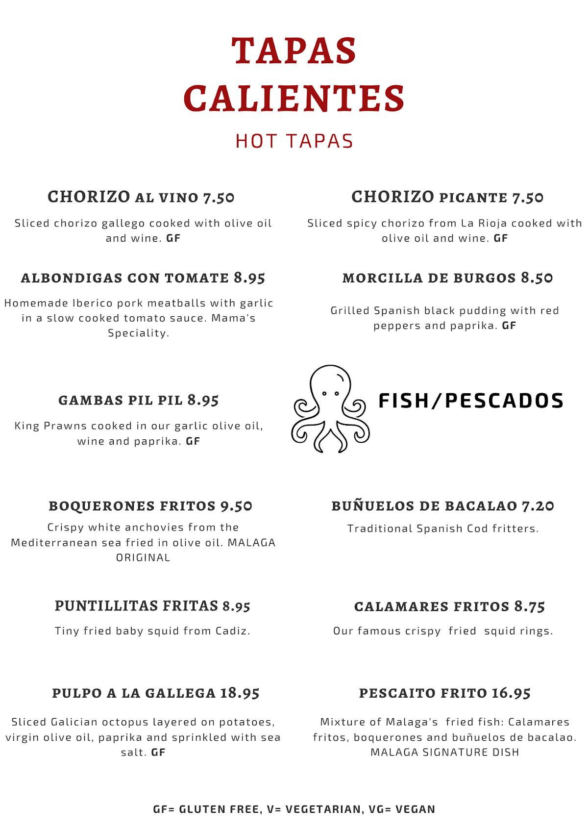 Menu at La Taberna restaurant, Maidstone