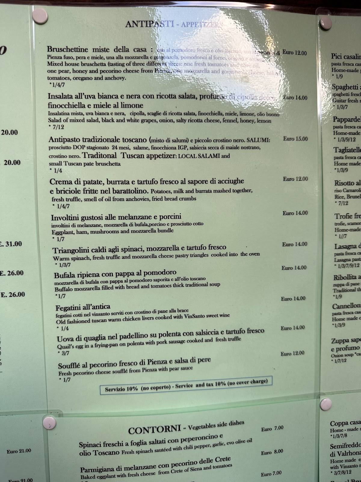 Menu at La Taverna di San Giuseppe restaurant, Siena