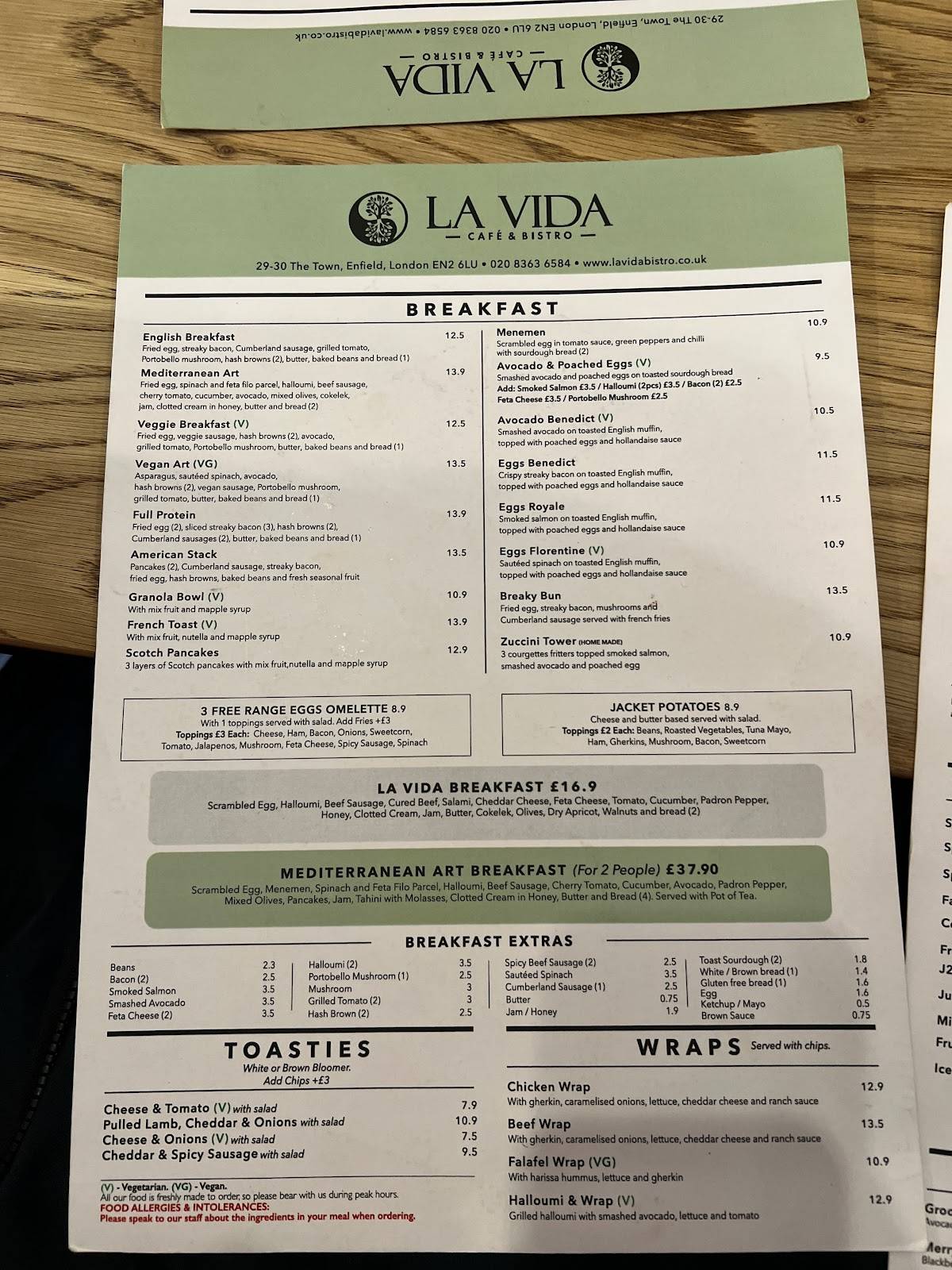 Carta de La Vida Café and Bistro, Enfield