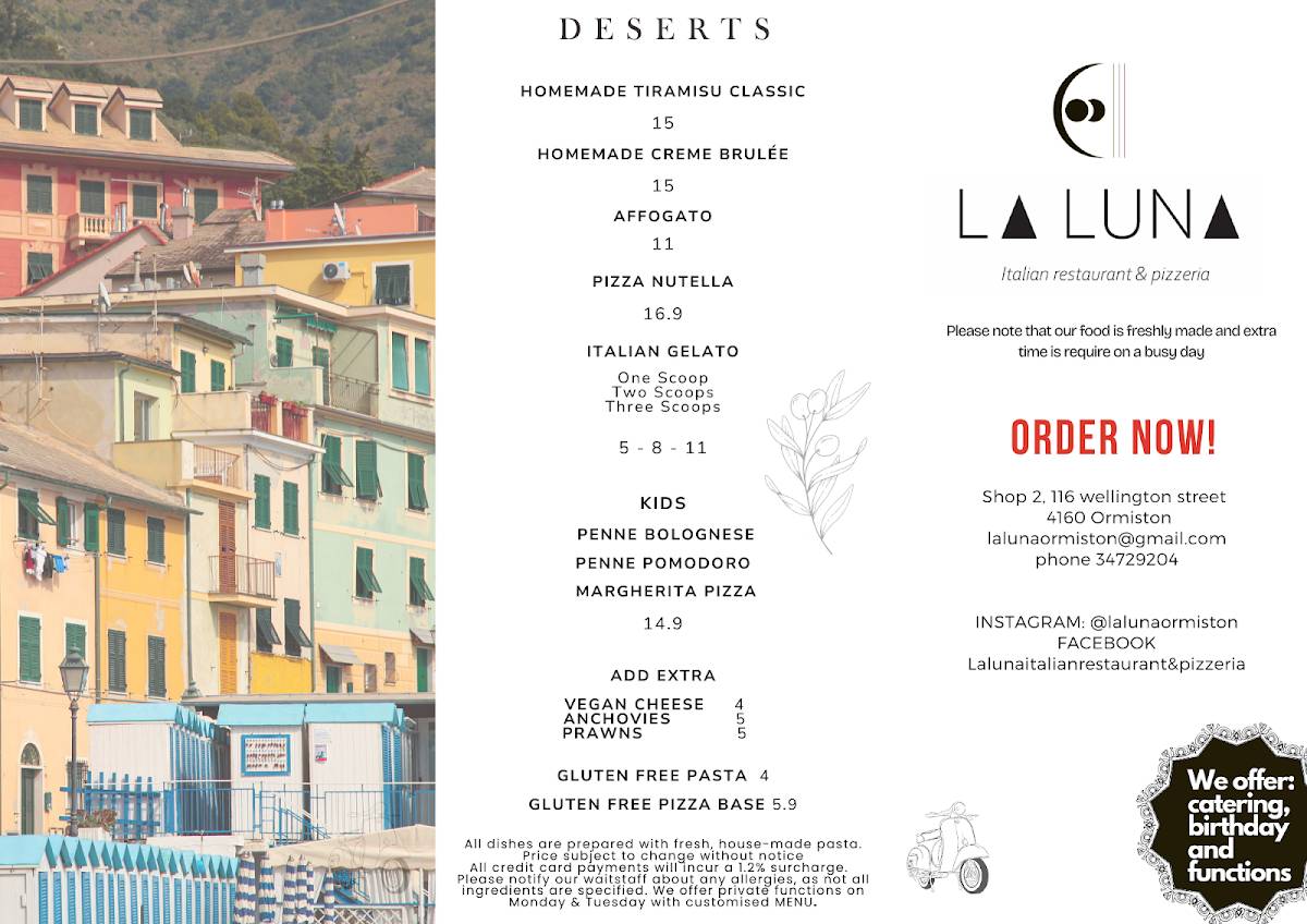 Menu at La luna italian restaurant & pizzeria, Ormiston