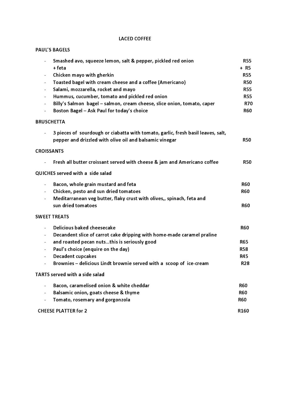 Menu at Laced Coffee House, Cape Town