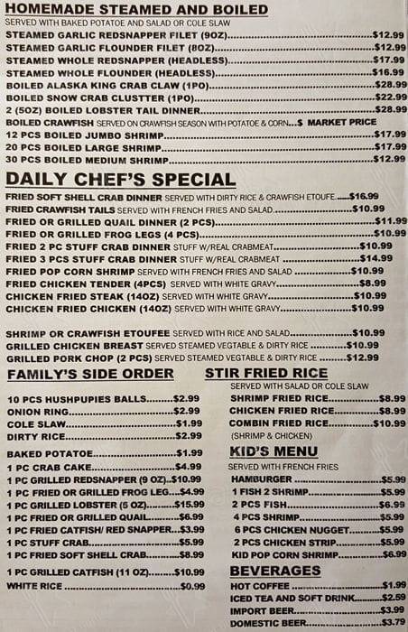 Menu at Lake Jackson Seafood restaurant, Lake Jackson, 466 Plantation Dr