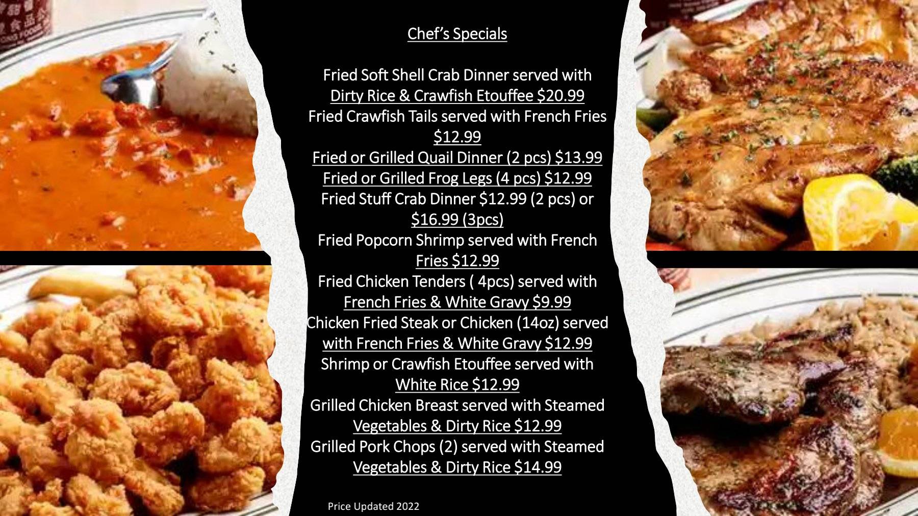 Menu at Lake Jackson Seafood restaurant, Lake Jackson, 466 Plantation Dr