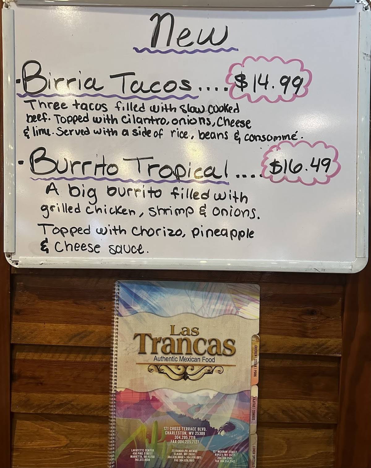Menu at Las Trancas Mexican Restaurant, Charleston