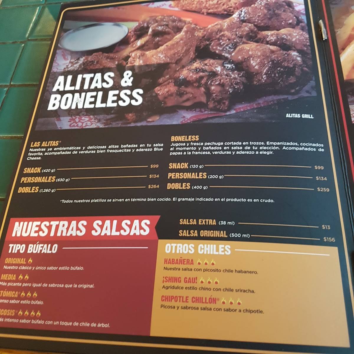 Menu at Las Alitas restaurant, Mexico City, Galileo 17
