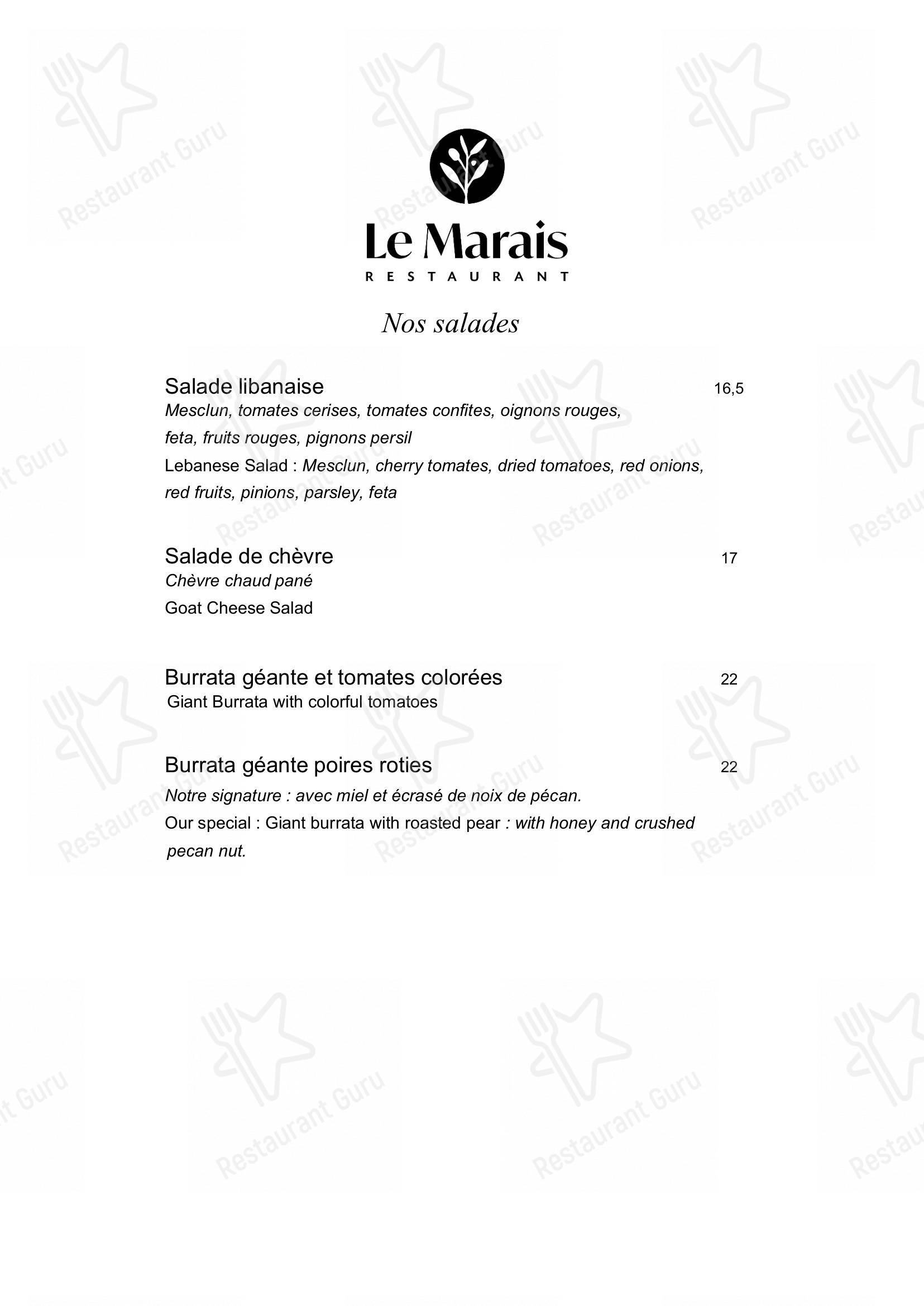 Menu at Le Marais Restaurant Paris, Paris