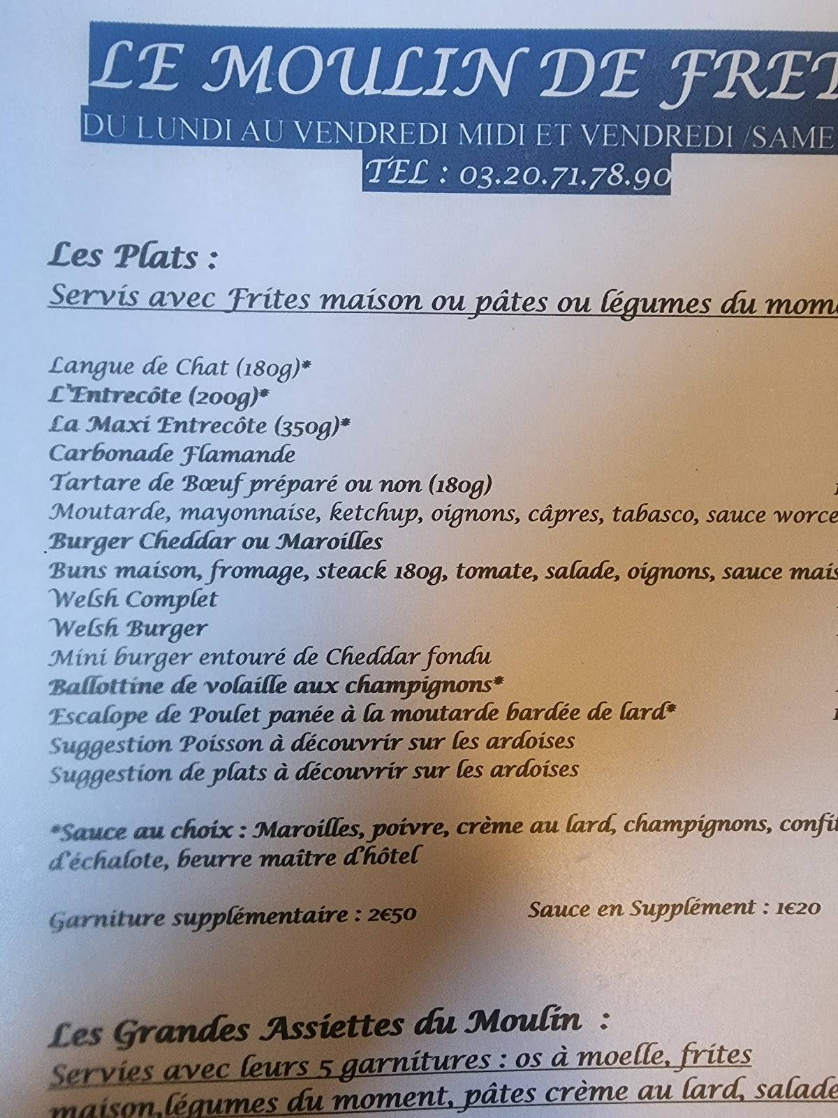 Menu au Le Moulin de Fretin restaurant, Fretin
