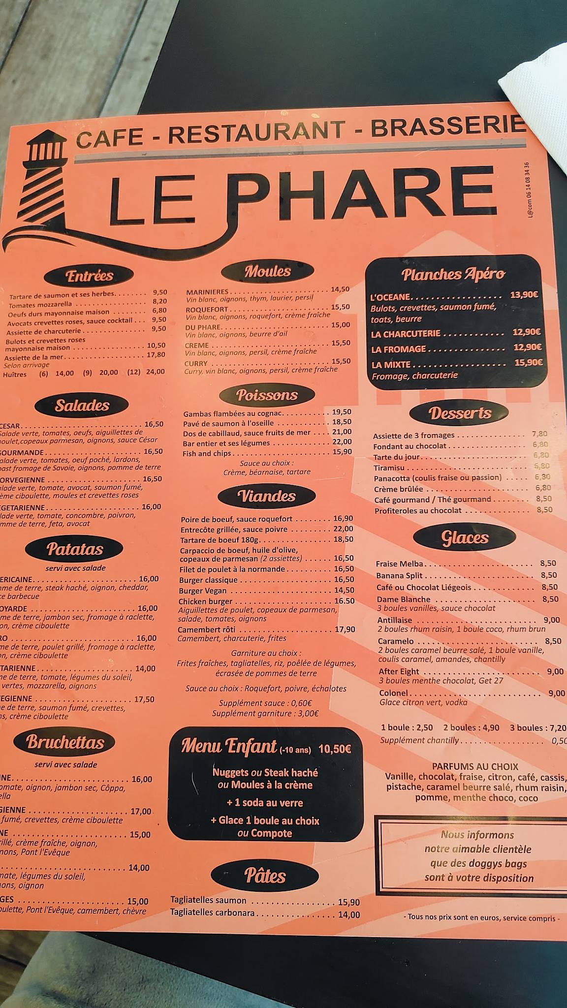 Menu au Le Phare restaurant, Le Havre