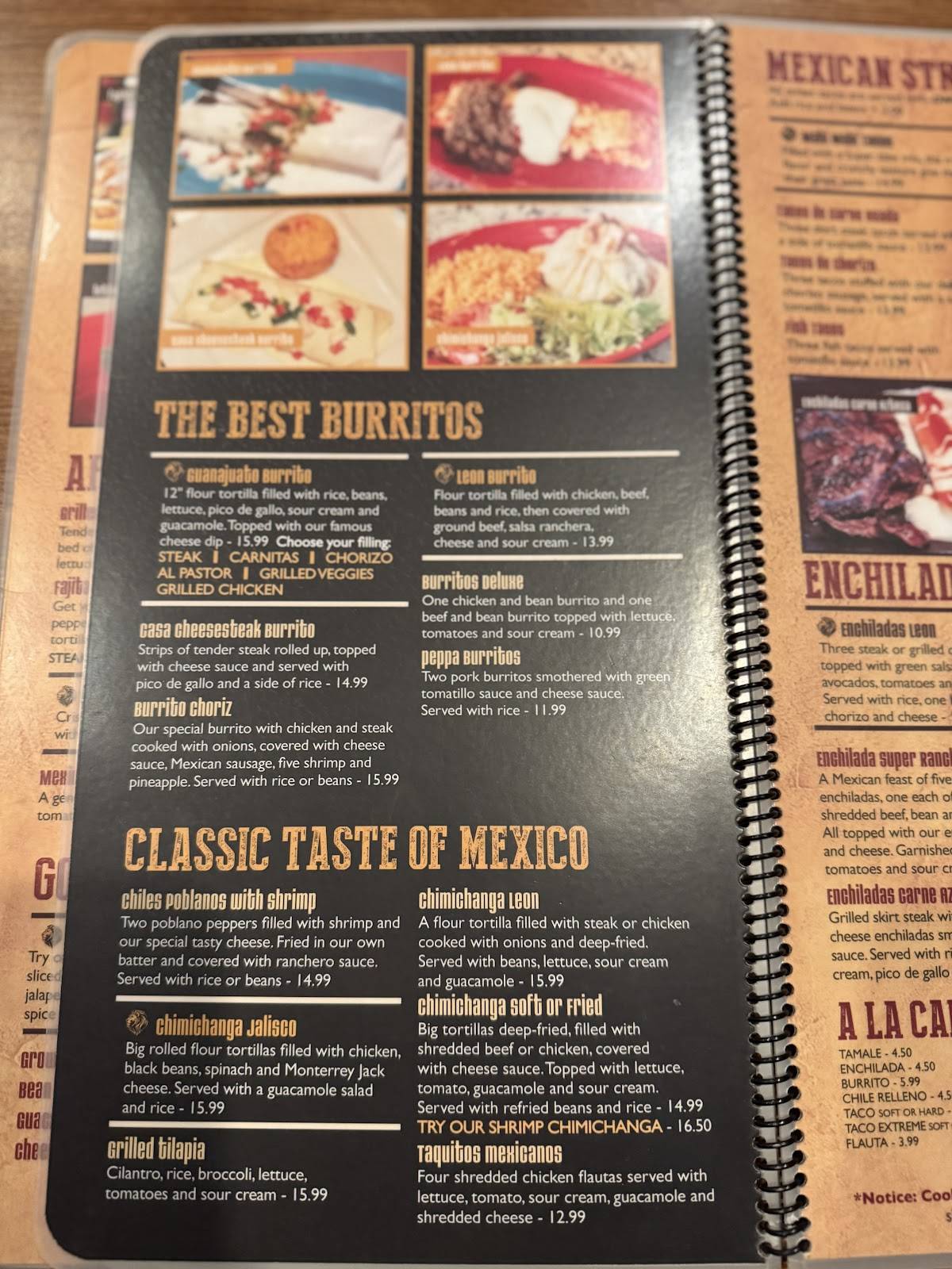 Menu at Leon Mexican Cuisine restaurant, Lebanon