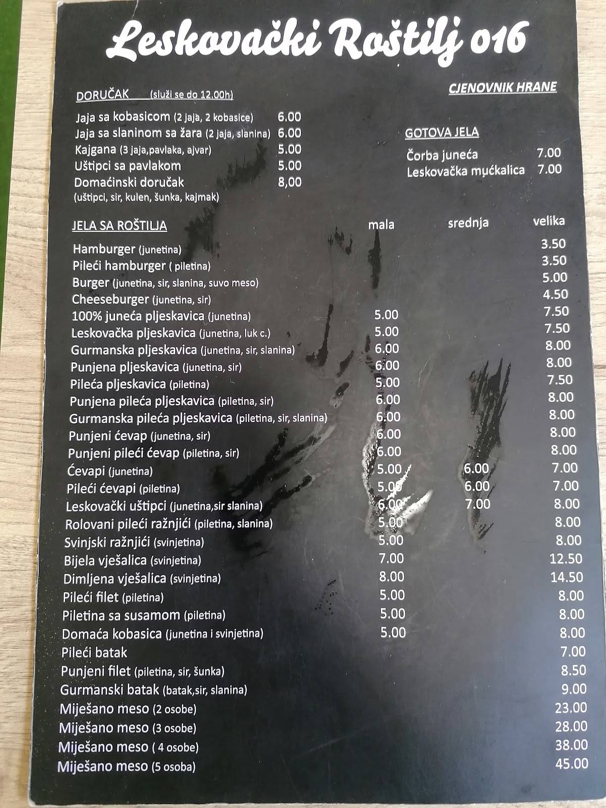 Menu at Leskovacki Rostilj 016 restaurant, Prijedor