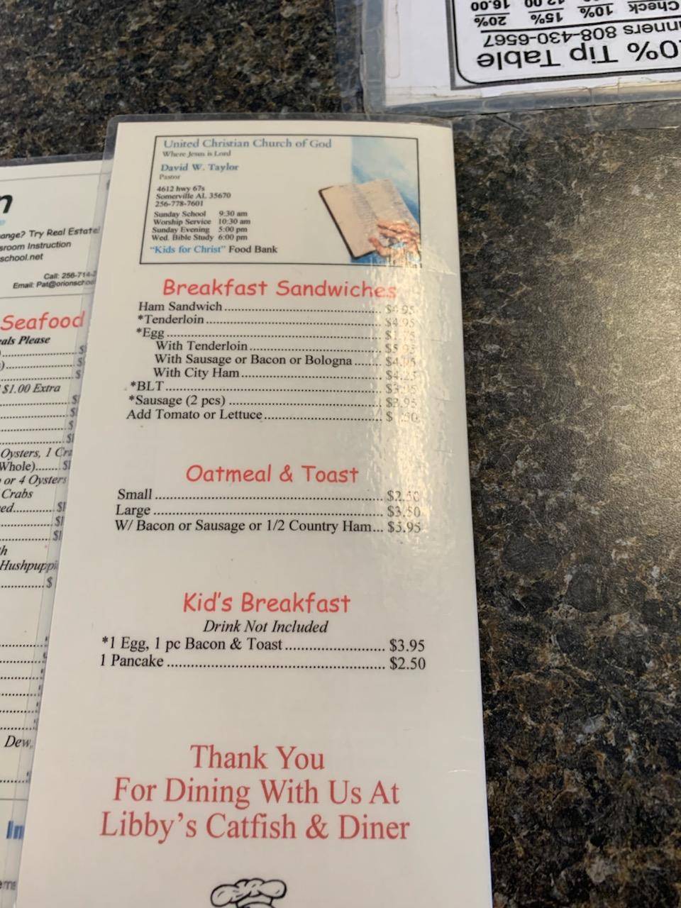Menu at Libby's Catfish & Diner restaurant, Priceville, AL-67