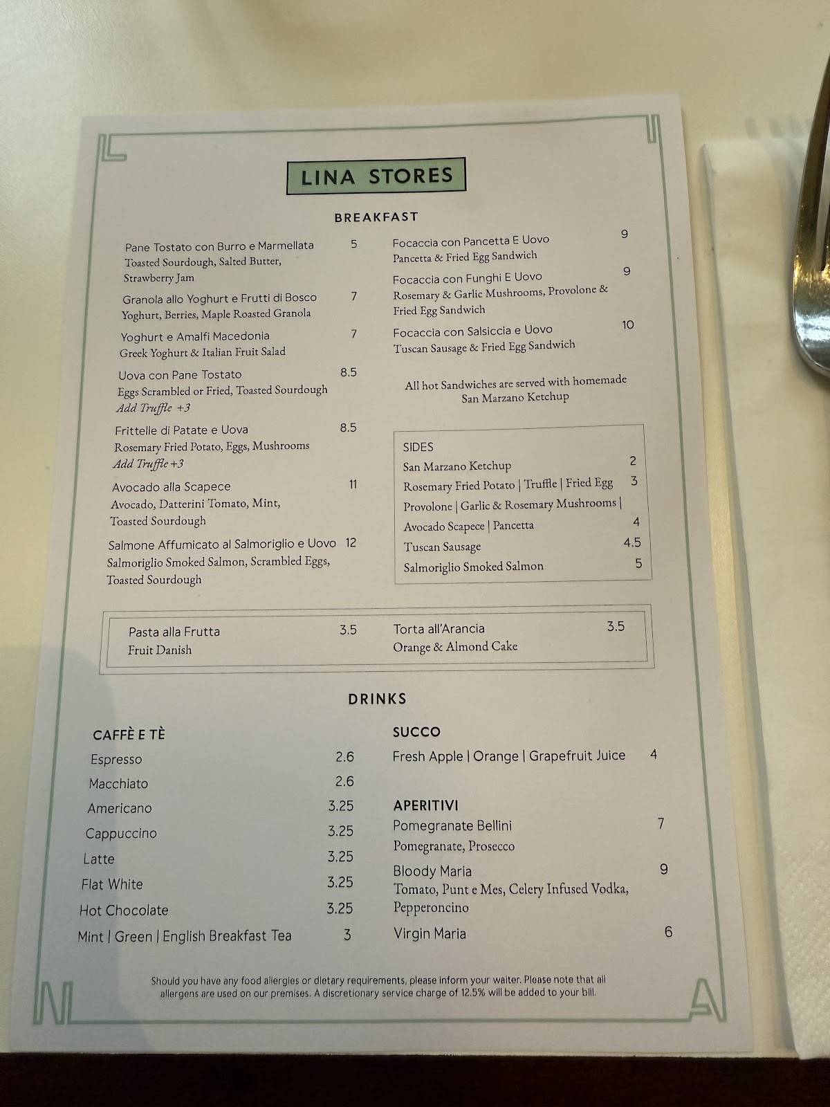 Menu at Lina Stores restaurant, London