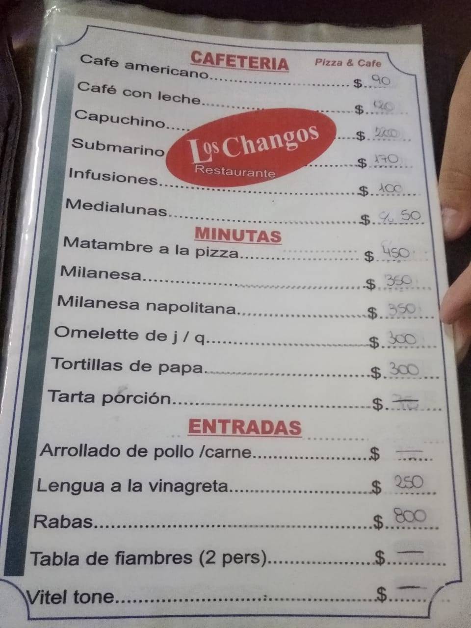 Carta del restaurante Los Changos, Longchamps
