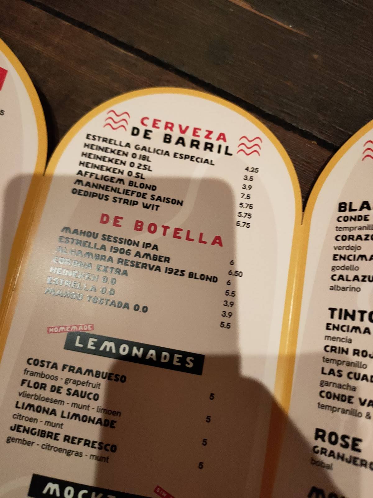 Menu at Los Cosmos restaurant, Leiden