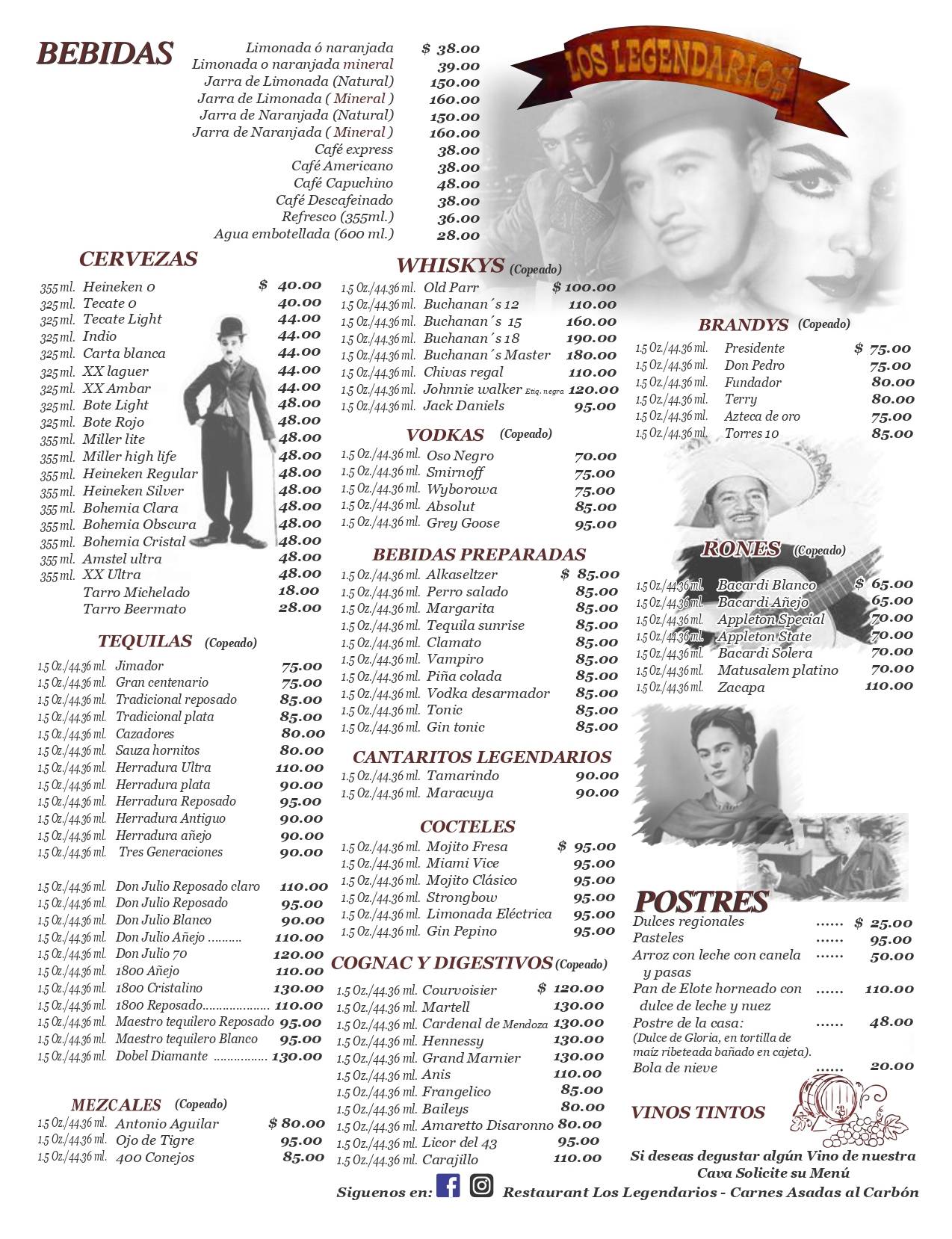 Carta del restaurante Los Legendarios Paseo del los Leones, Monterrey