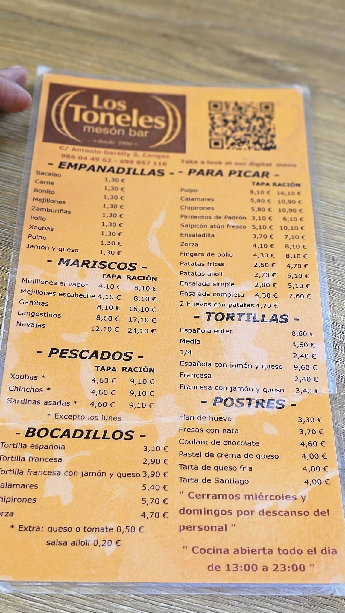 Carta del restaurante Los Toneles, Cangas