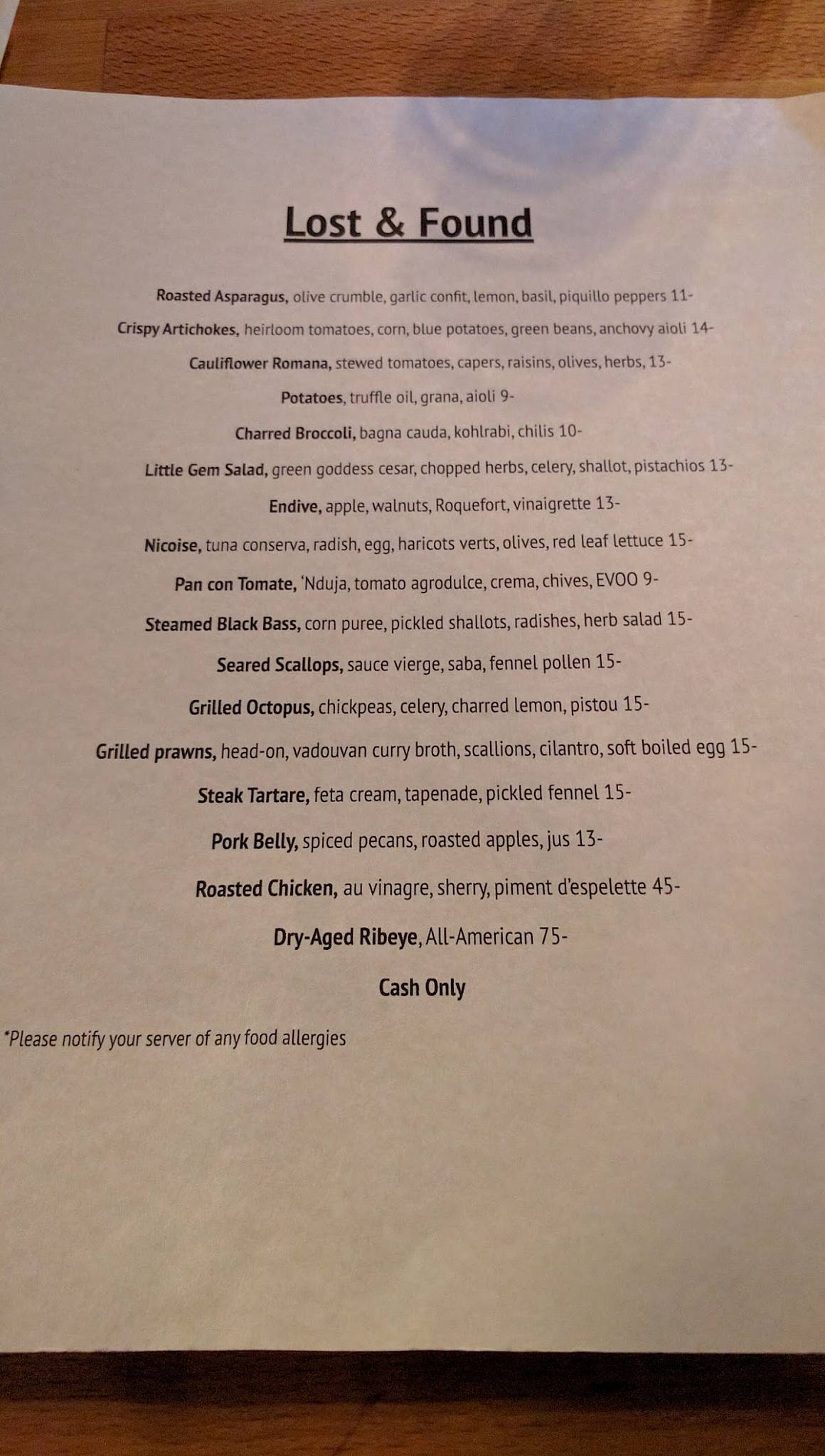 Menu at Lost And Found restaurant, Long Beach