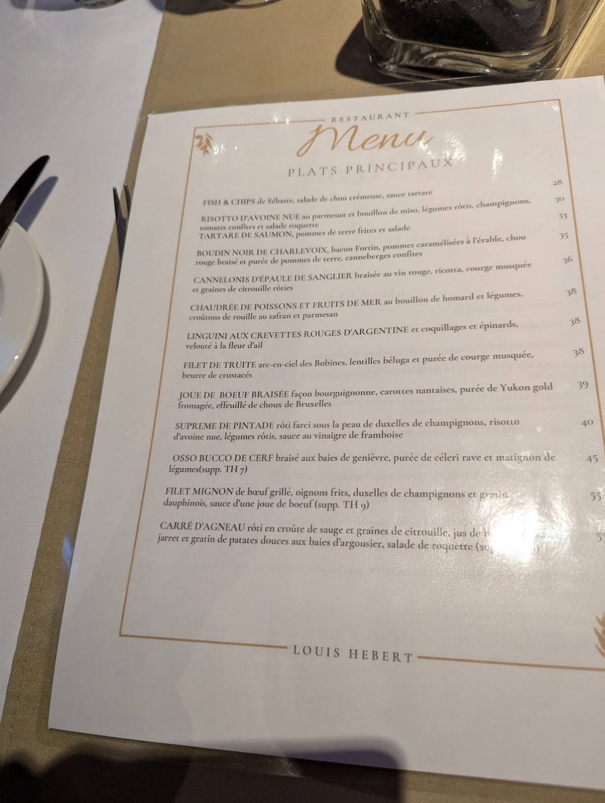 Menu au Restaurant Louis-Hébert, Québec, 668 Grande Allée E