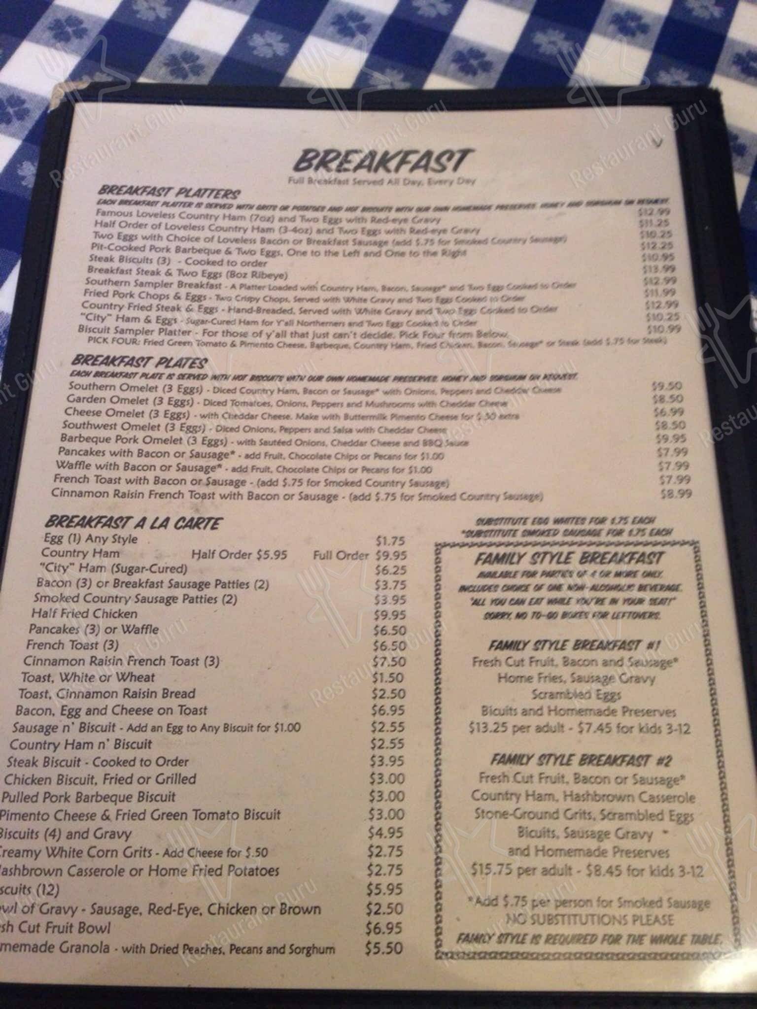 Menu at The Loveless Cafe, Nashville