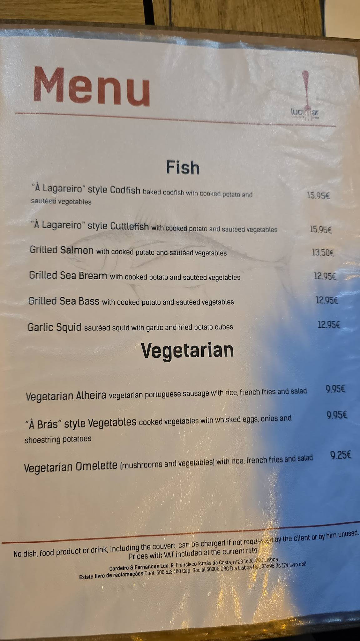 Menu at Lucimar restaurant, Lisbon, R. Francisco Tomás da Costa 28