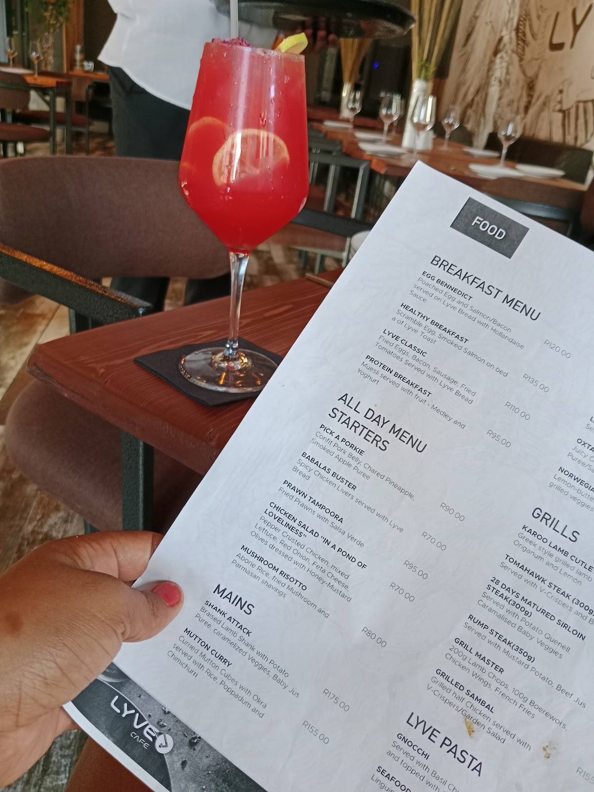 Menu at Lyve Cafe, Kimberley