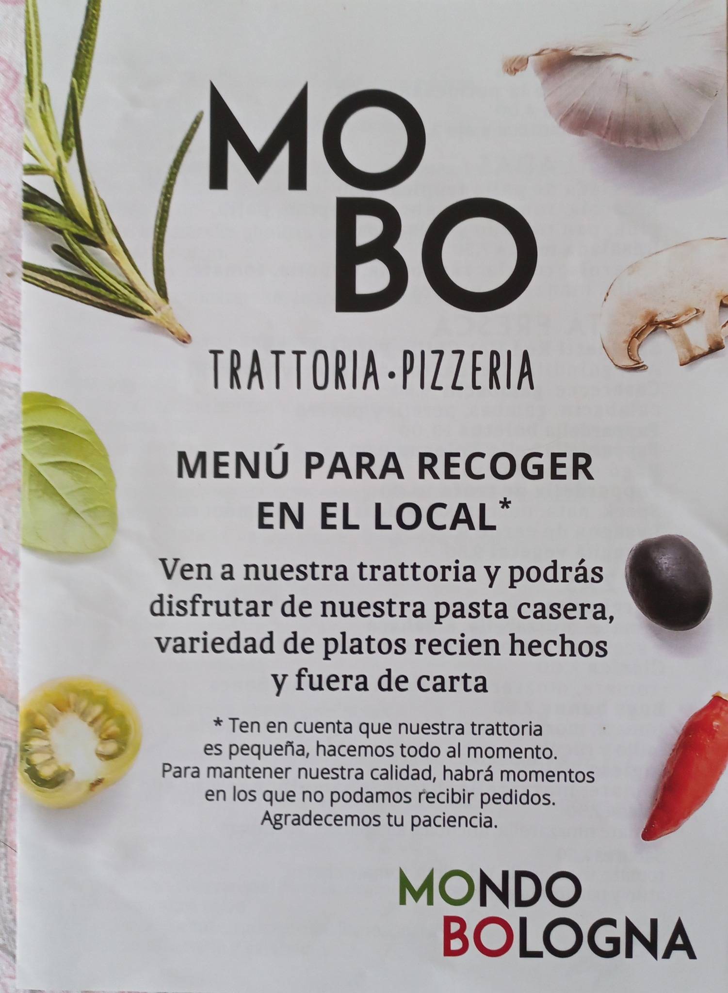 Carta de MoBo Trattoría Pizzería, Las Majoreras