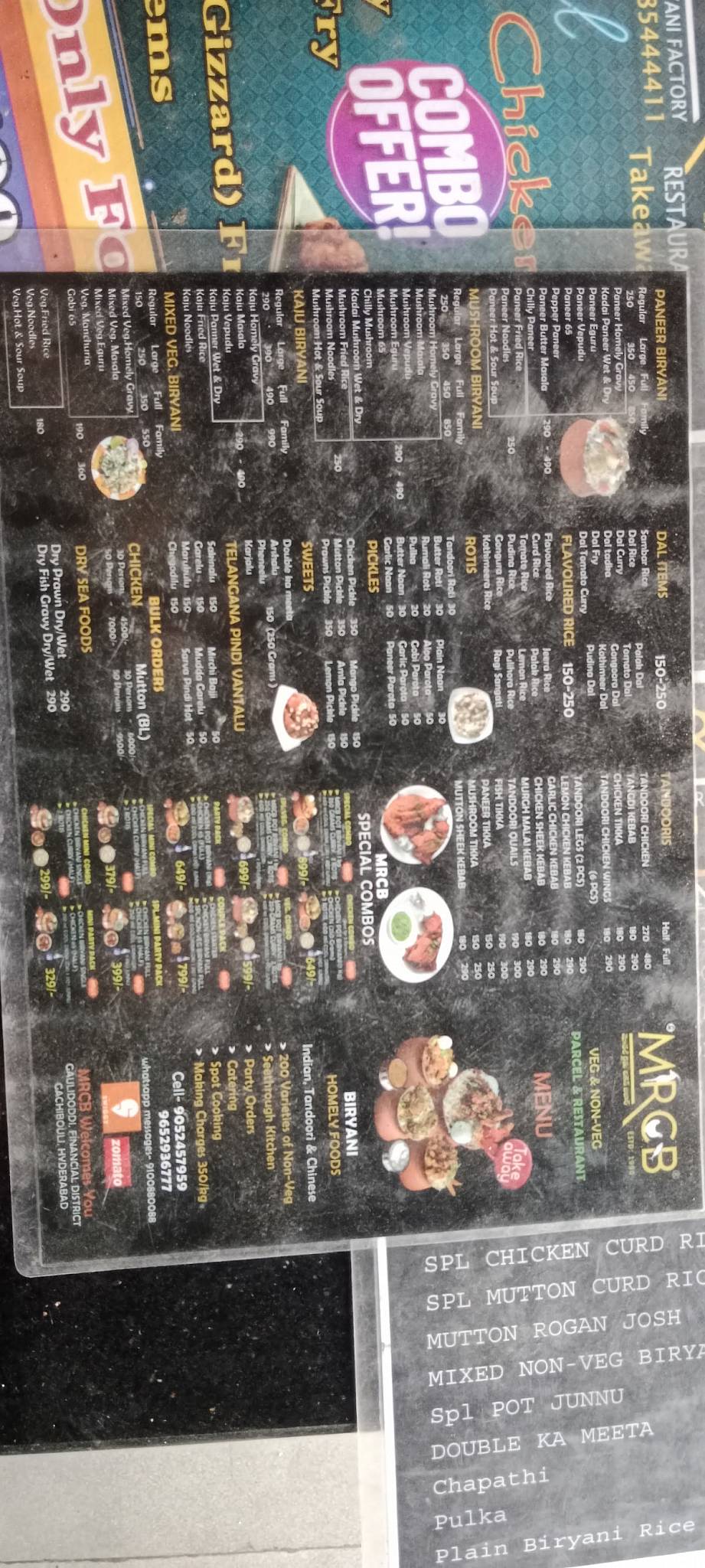 Menu at MRCB Biryani Factory, Hyderabad